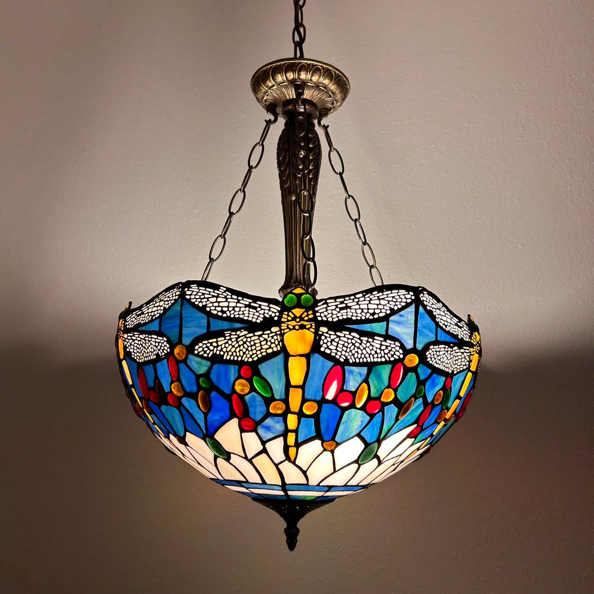 Tiffany Style Ceiling Lights Hanging Lamp Blue Stained Glass Dragonfly ...